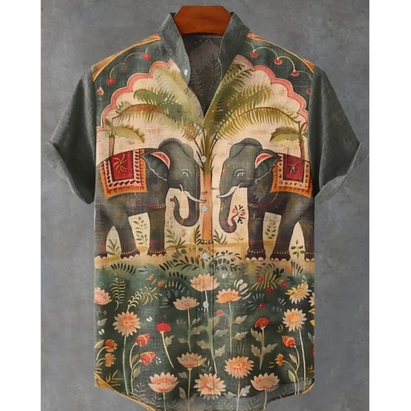 New Retro Men's Ethnic Elephant Pattern Print Lapel Shirt, Fashion ...