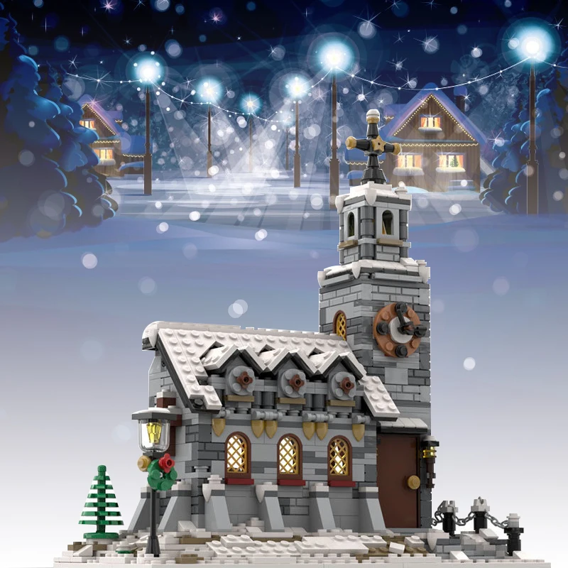 City Street Snow House Winter Village Christmas Church Building Block ...