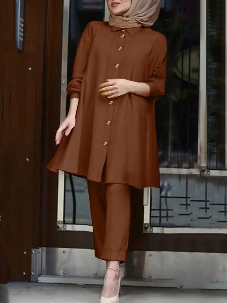 Women-Summer-Muslim-Sets-2PCS-Lapel-Solid-Color-Full-Sleeve-Blouse-Wide ...