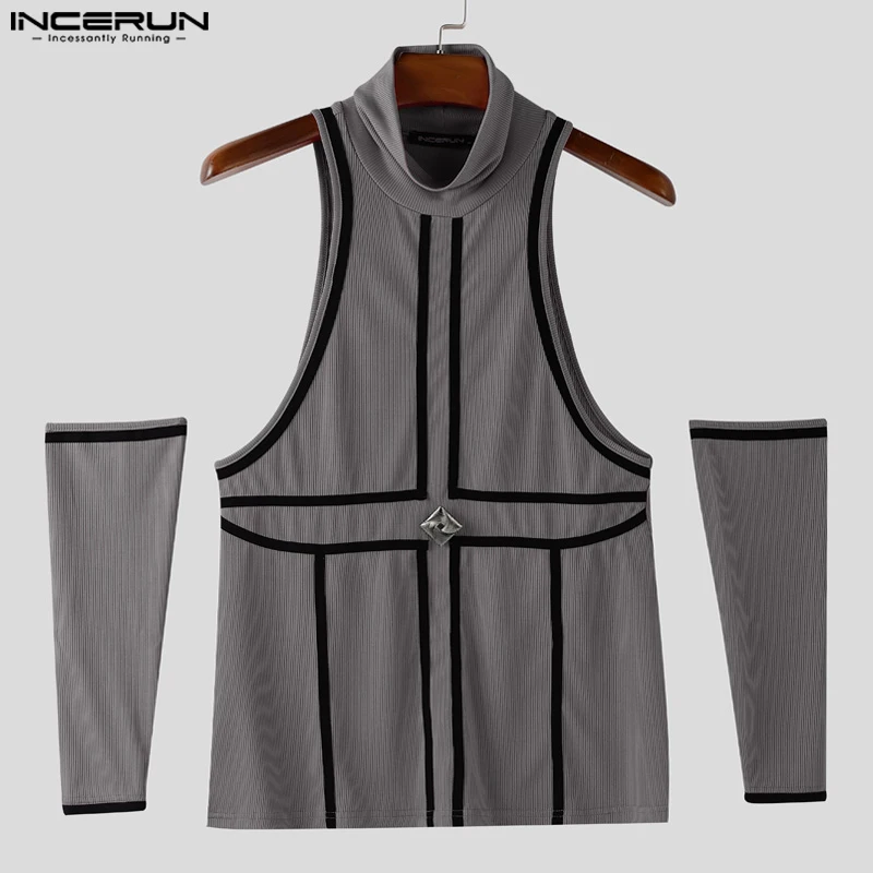INCERUN Men Tank Tops Patchwork Turtleneck Sleeveless With Sleeve ...