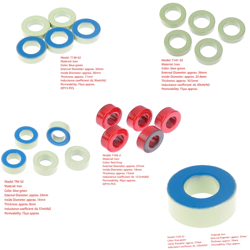 Toroid Cores | Ferrite | Ring | Inductors - 5pcs T141-52/t130-52/t94-52 ...