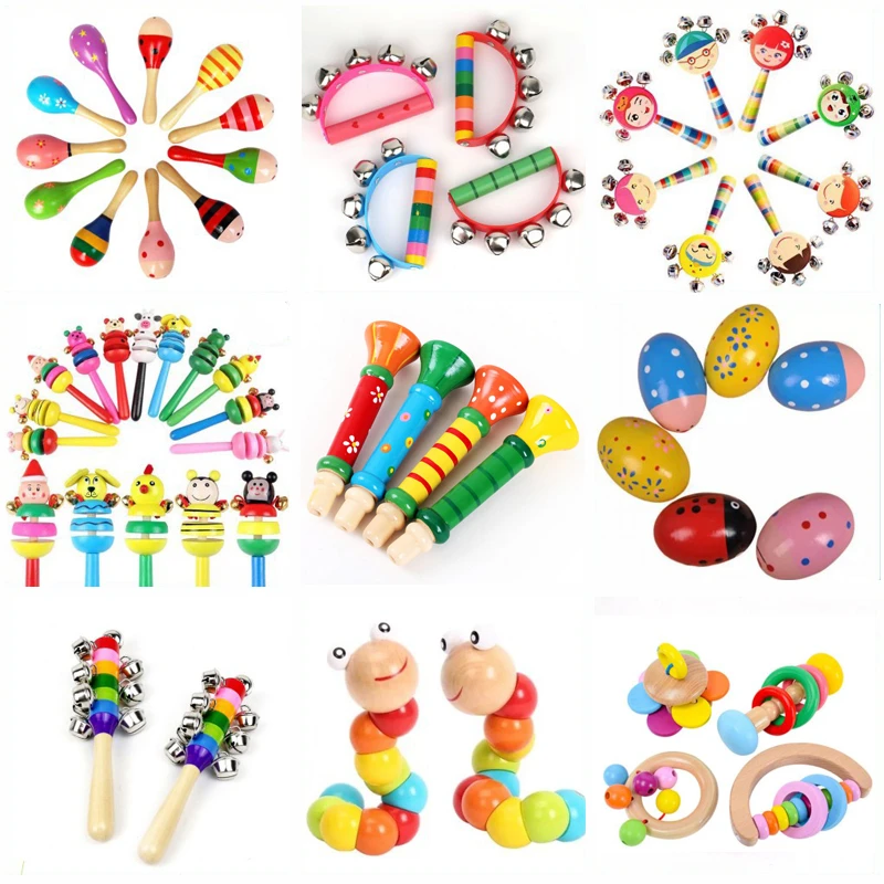 Baby Rattle Toys Wooden Rattle Sand Hamer Musical Toys Montessori Early ...