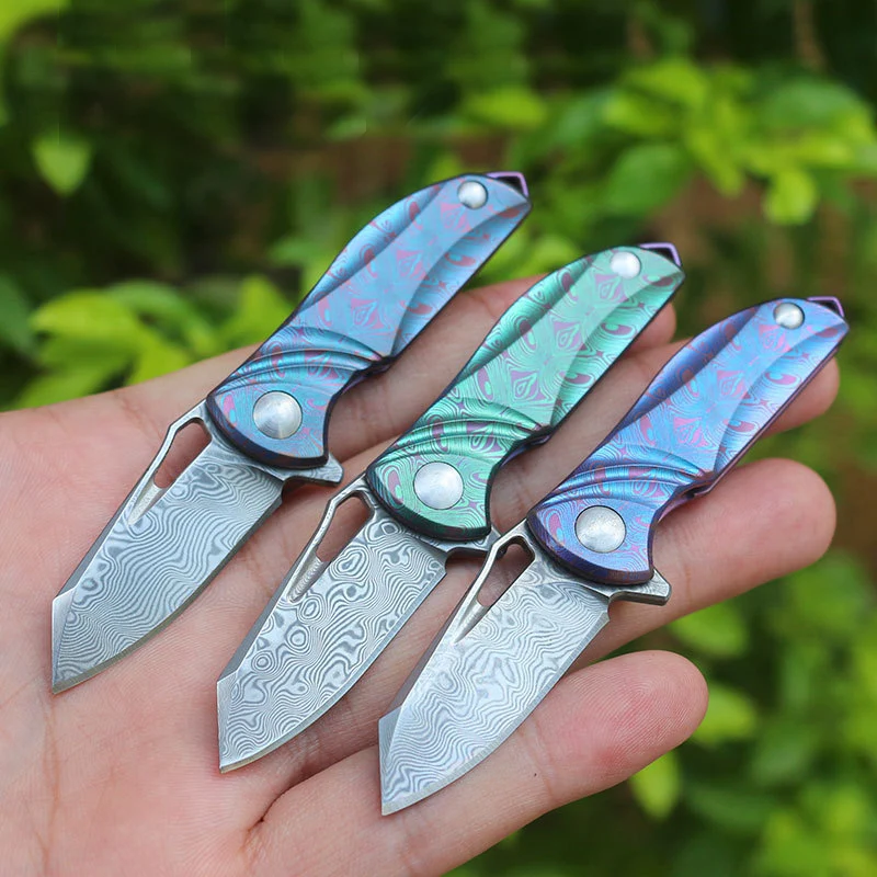 New-style-Mini-Damascus-steel-folding-blade-knife-Titanium-handle ...