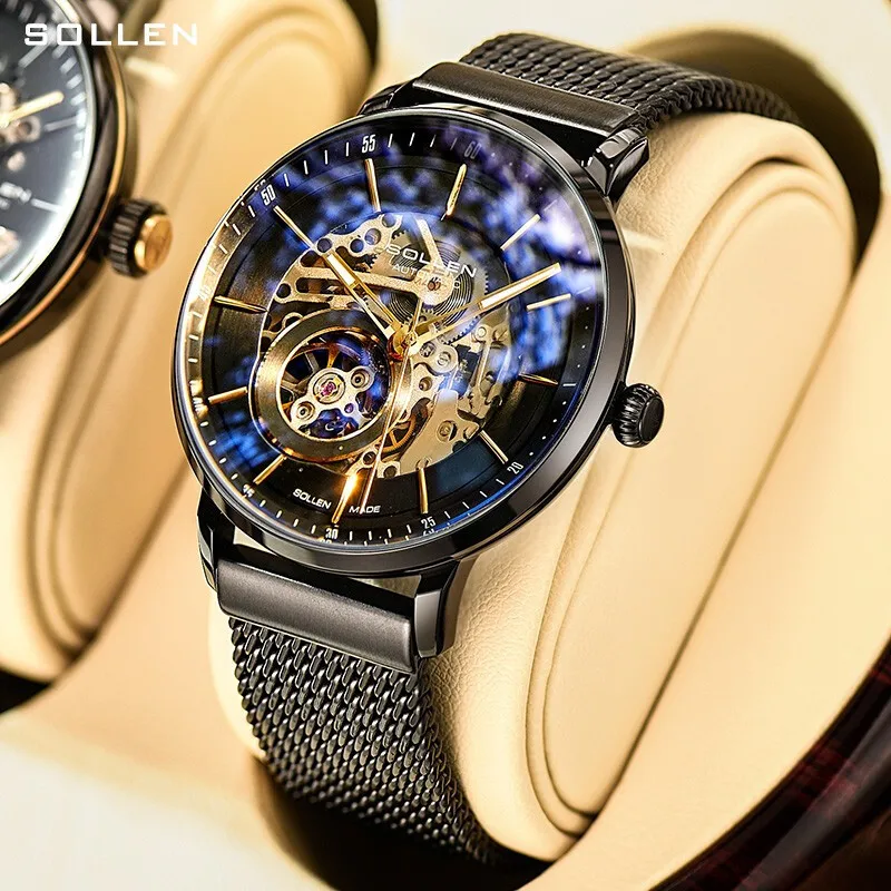 SOLLEN-Men-Watch-Fashion-Skeleton-Dial-Creative-Mechanical-Watches-Mesh ...