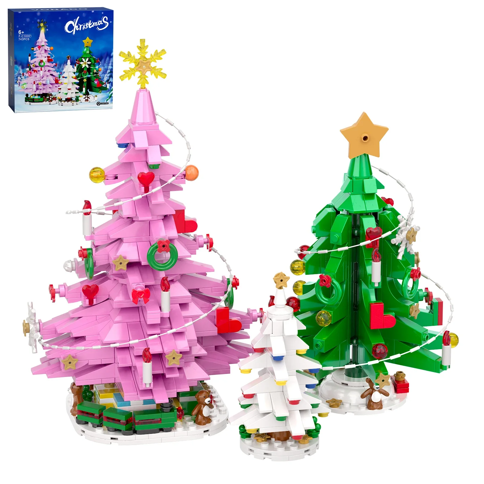 3 in 1 Christmas Tree Building Blocks Sets With LED Light Pink Xmas ...