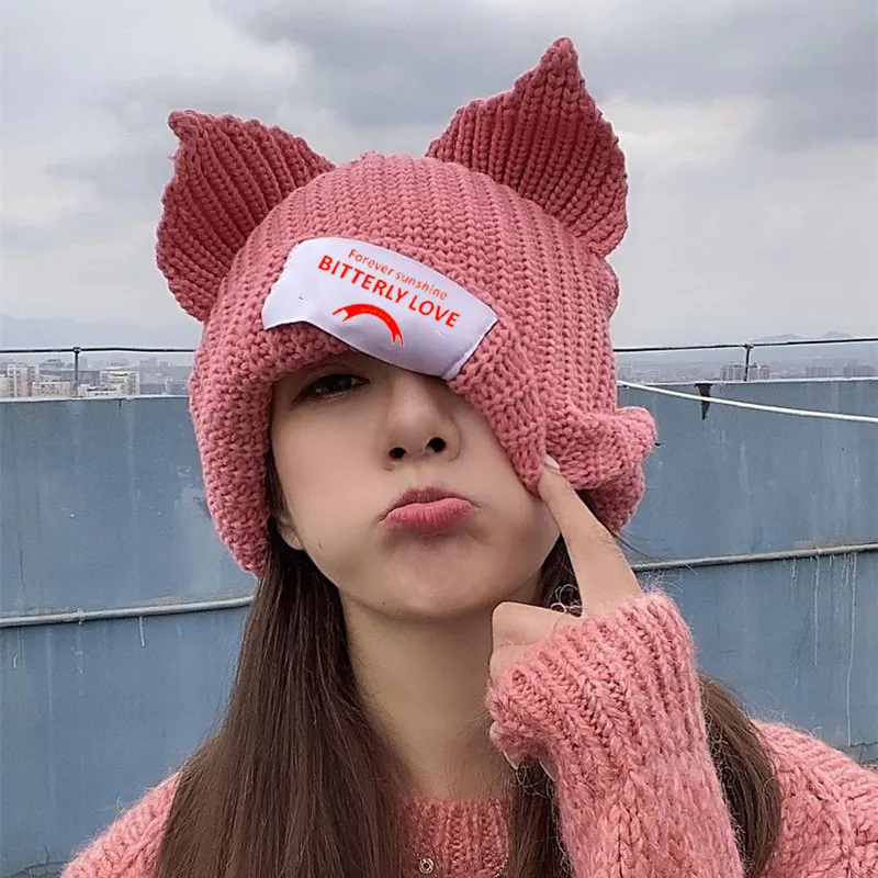 Knitted-Cat-Ear-Knit-Hat-Double-layer-Warm-Pig-Ear-Woolen-Hat-Cute ...
