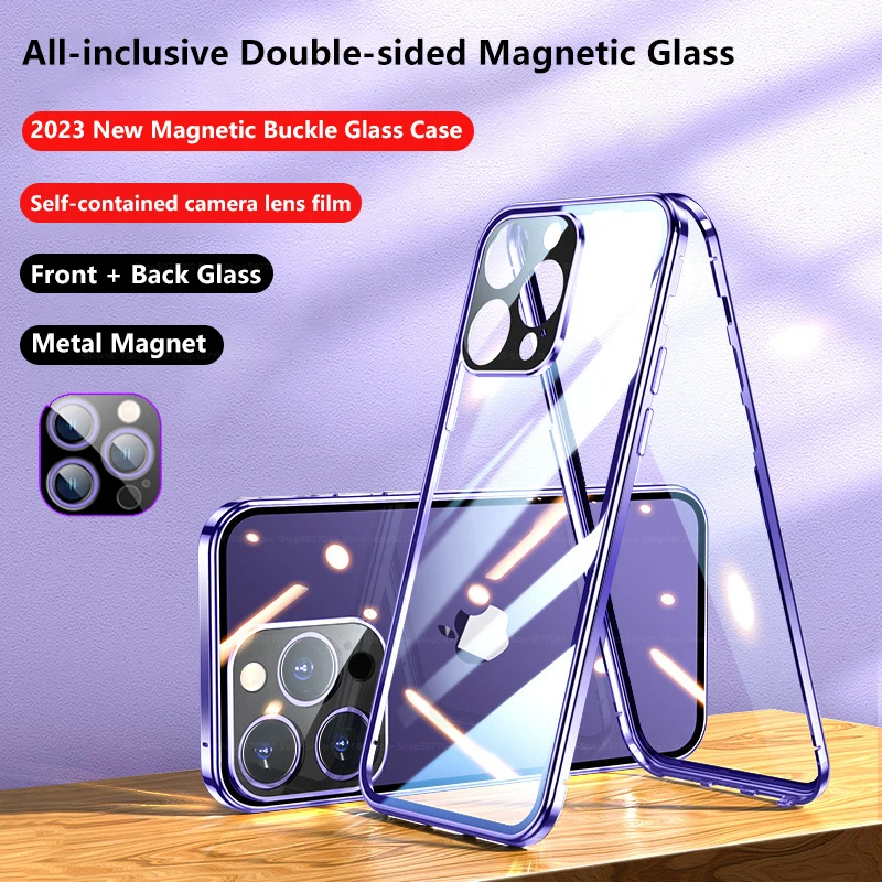 360° Full Magnetic Adsorption Metal Case For Iphone 14 13 12 Mini 11 Pro Max Double Sided Glass ...