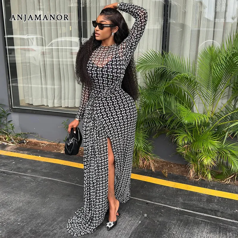 ANJAMANOR Transparent Black Print Mesh Long Sleeve Dresses for Woman ...