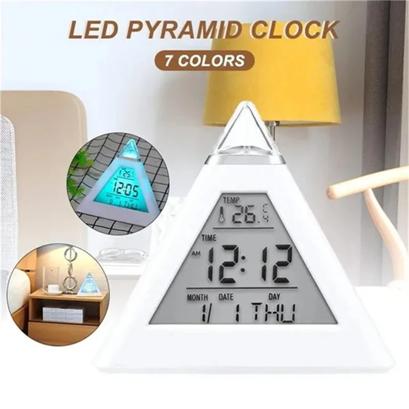 Pyramid LCD Alarm Table Clock Thermometer Digital Table Clock 7 Colors Backlight Changeable Led ...