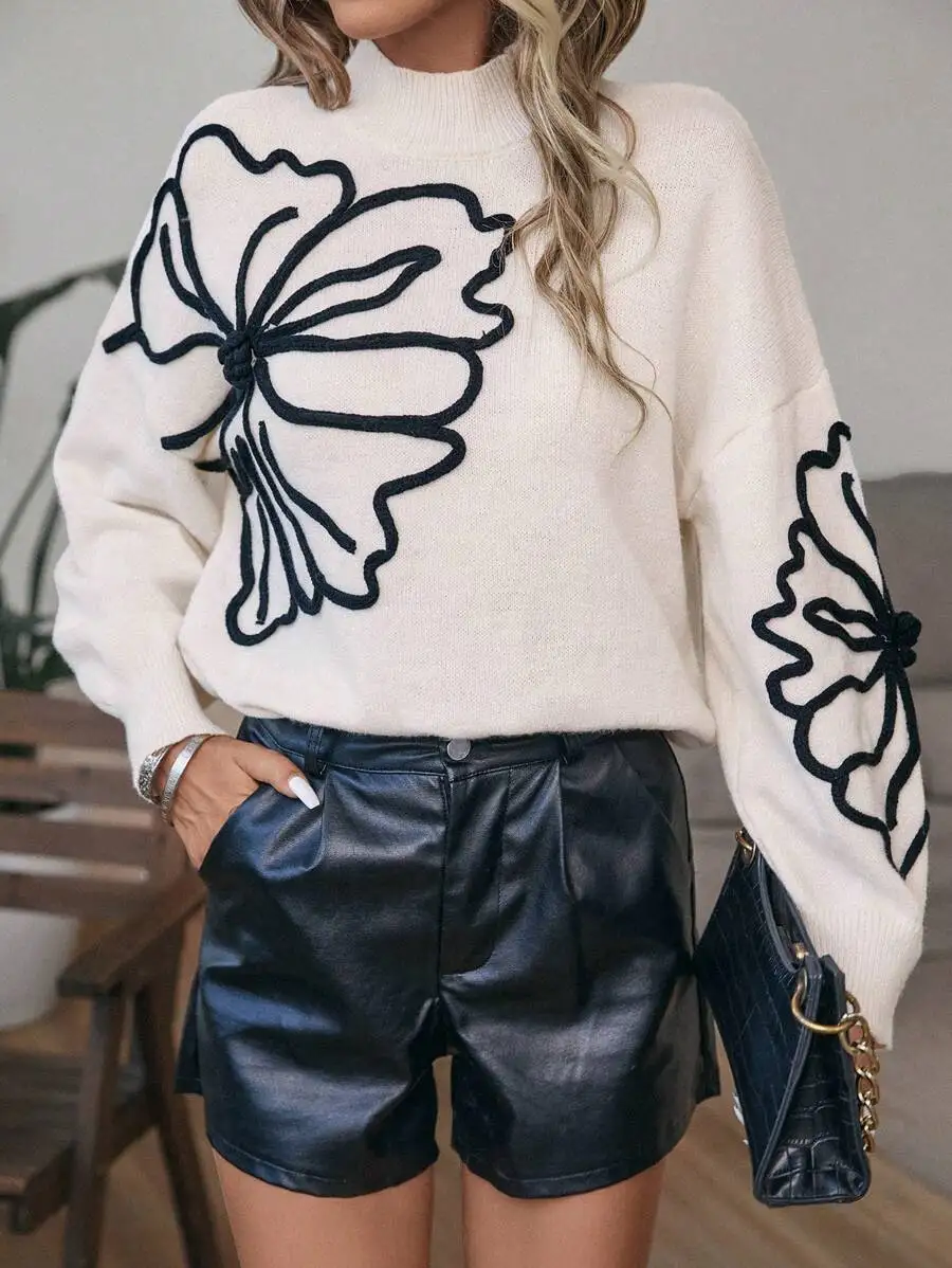 Cream Floral Outline Mock Neck Drop Shoulder Knit Pullover Sweater ...