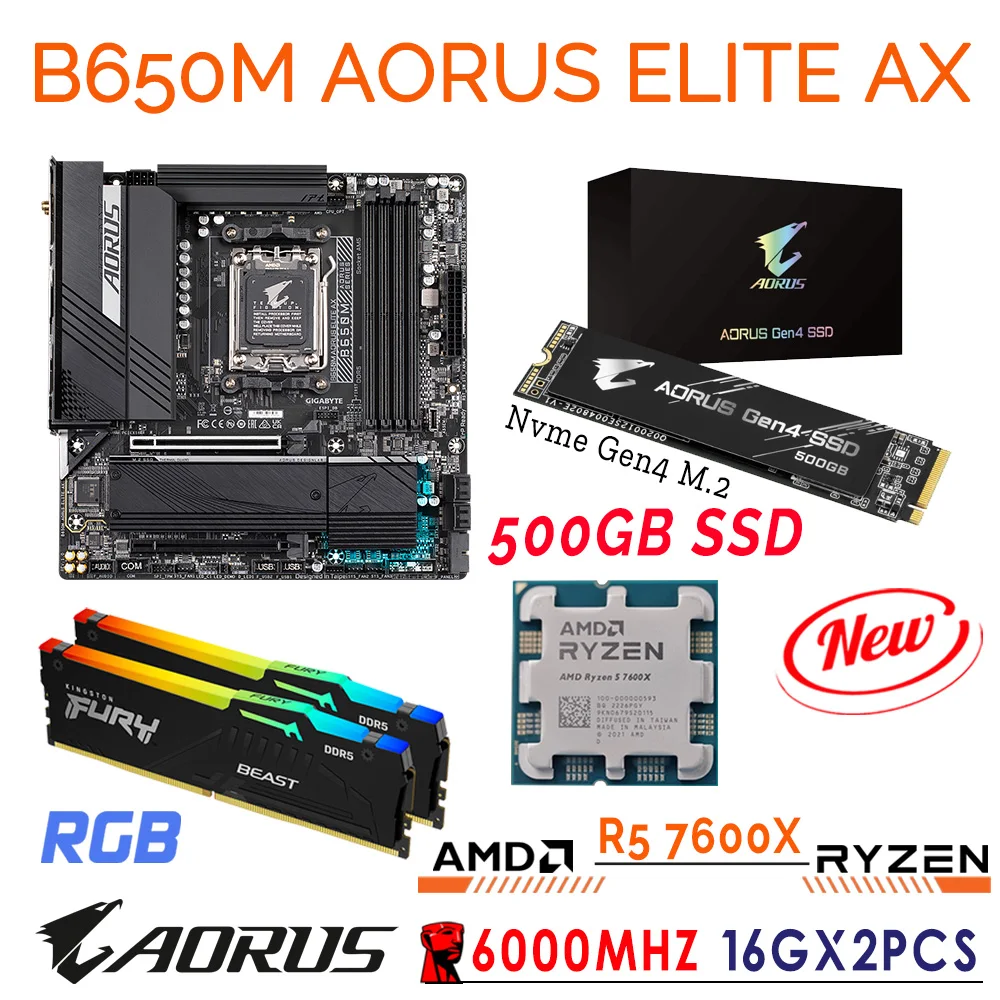 AM5-CPU-Ryzen-Kit-Gigabyte-B650M-AORUS-ELITE-AX-AM5-Motherboard-DDR5 ...
