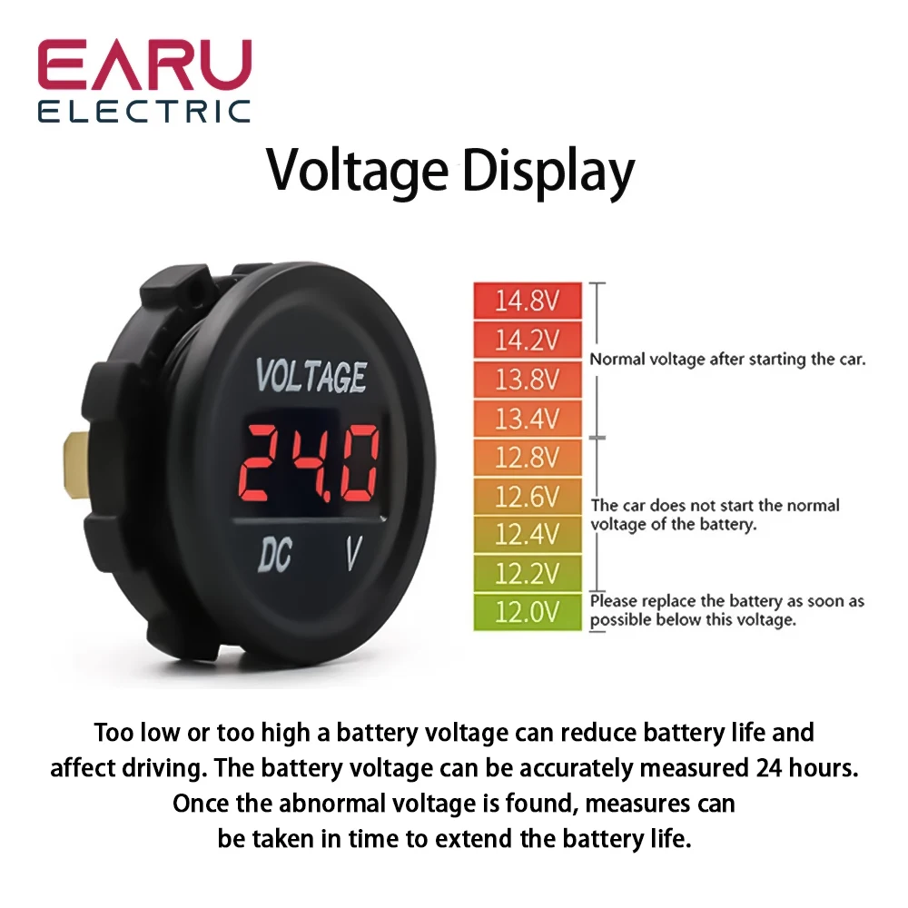 EARU DC 5-48V Waterproof Voltmeter LED Digital Display Voltage Meter ...