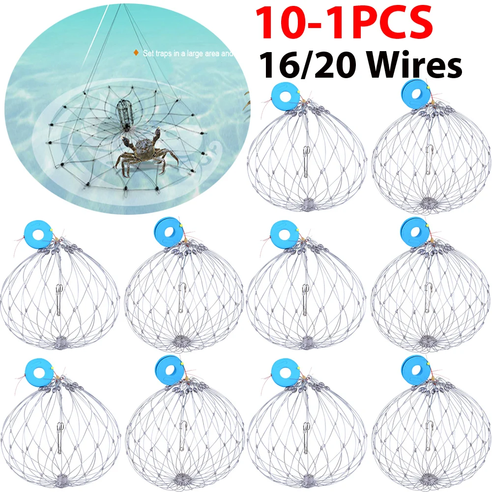 1-10PCS-Fishing-Crab-Trap-Net-Automatic-Open-Closing-Wire-Fish-Crab ...