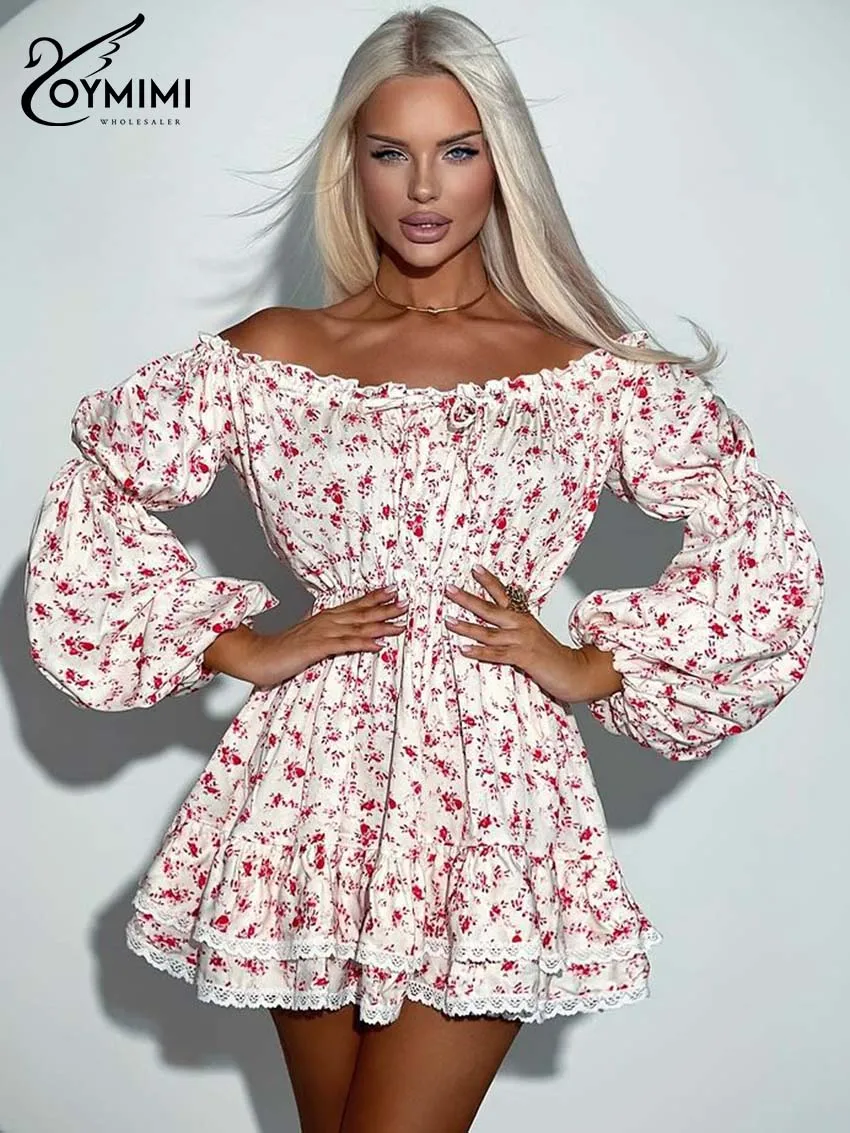 Oymimi Fashion Red Print Womens Dresses Elegant Strapless Long Sleeve ...