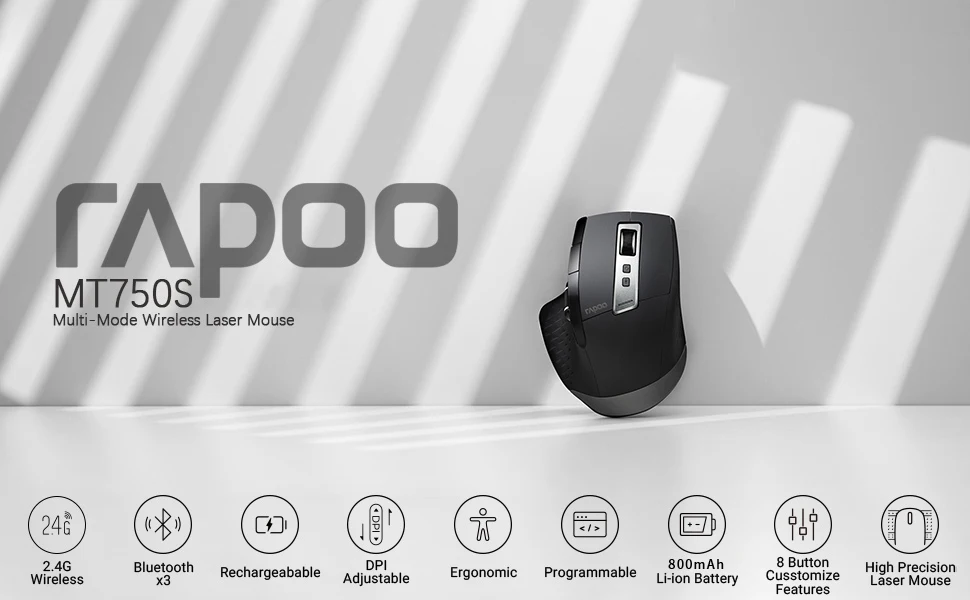 Rapoo MT750S Multi-Mode Rechargeable Wireless Ergonomic Bluetooth Mouse ...
