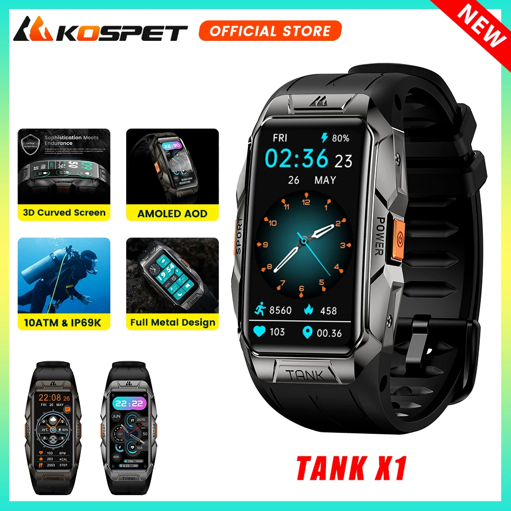 Original KOSPET TANK X1 Ultra Smartwatch Men 3D AMOLED AOD Bluetooth ...