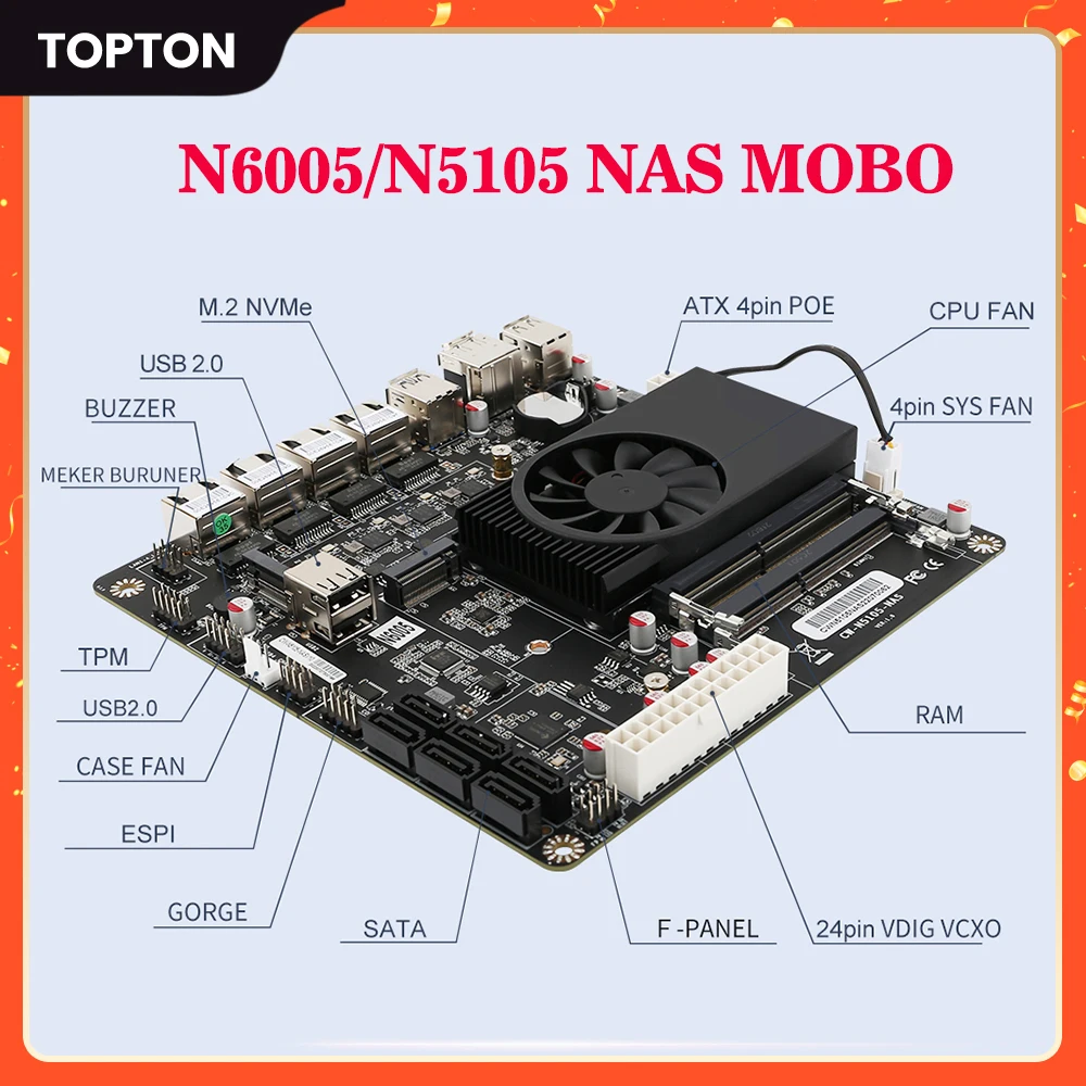 NAS 마더 보드 N6005 N5105 4x 인텔 i226 V 2.5G Nics 듀얼 M.2 NVMe 식스 SATA3.0 2 ...