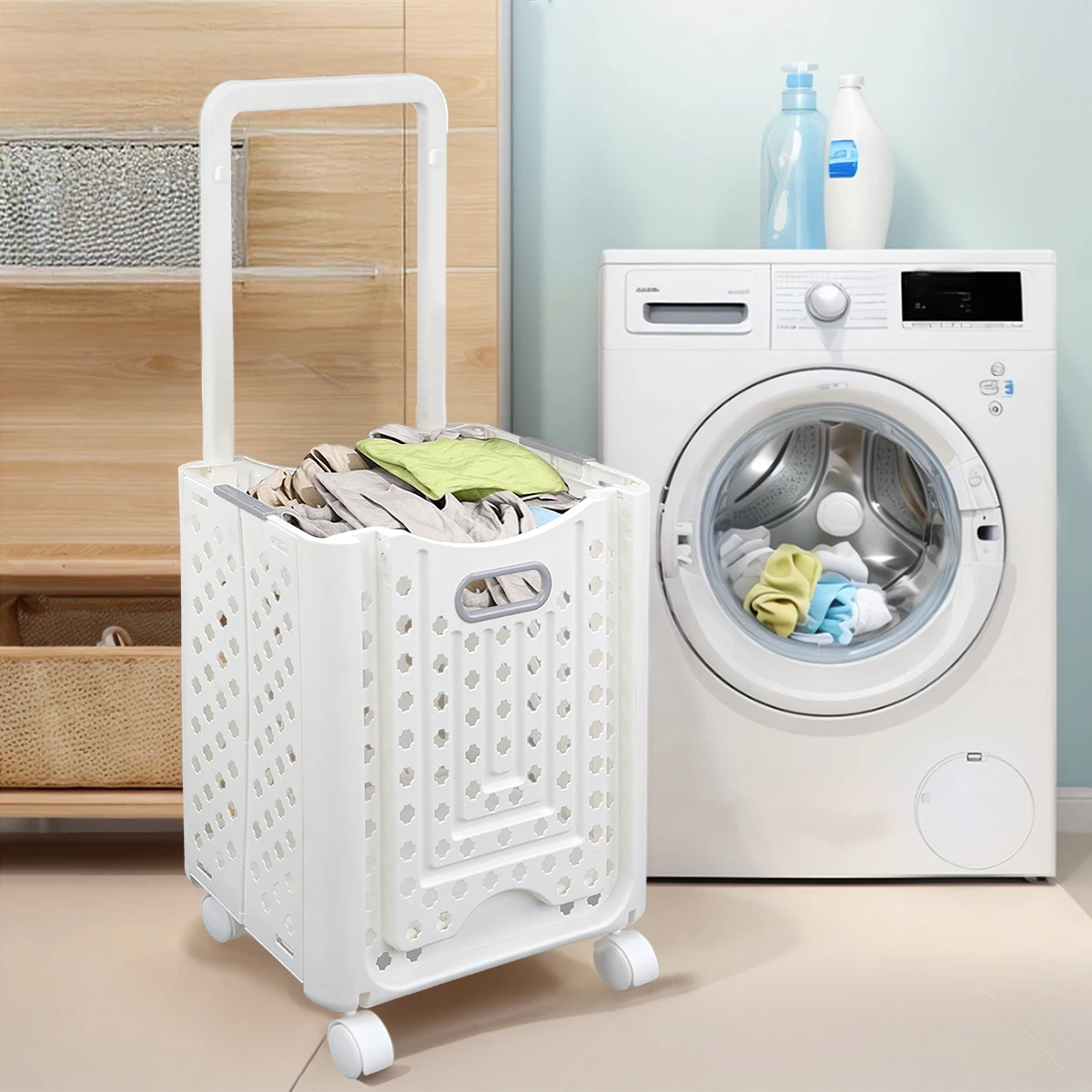 Foldable laundry basket with wheels, durable design, space-saving and ...