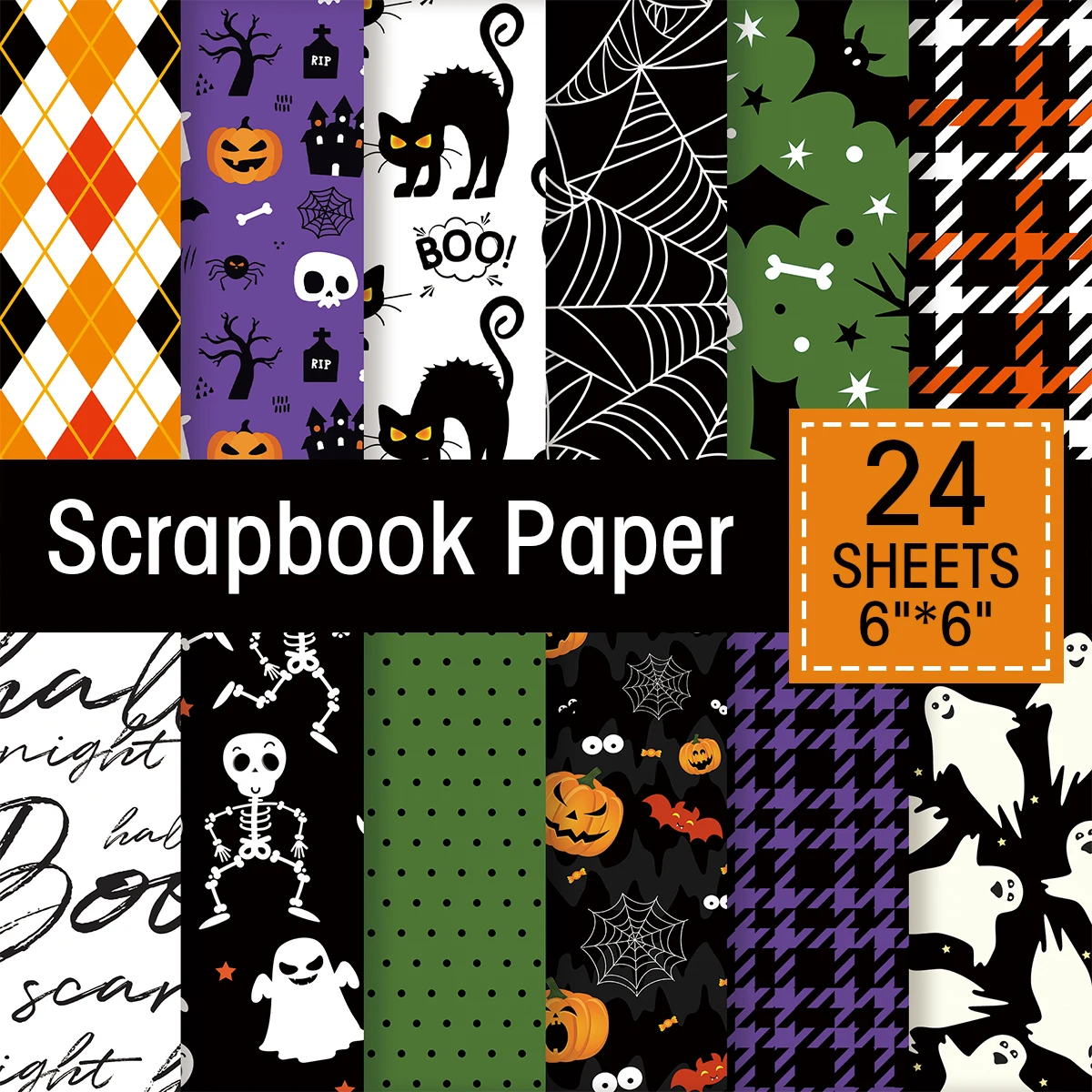 24 Sheets Halloween Scrapbook Paper Single-Sided Decoupage Paper for ...