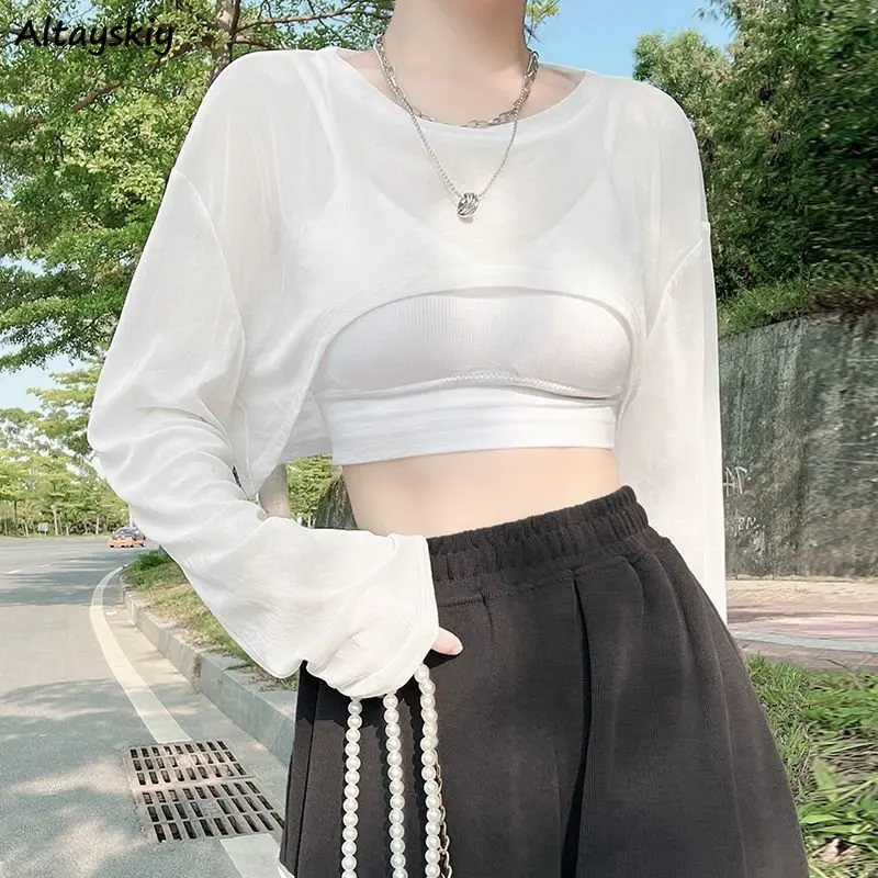 Sheer T-shirts for Women Crop Tops Casual Summer Thin Sun-proof O-neck ...