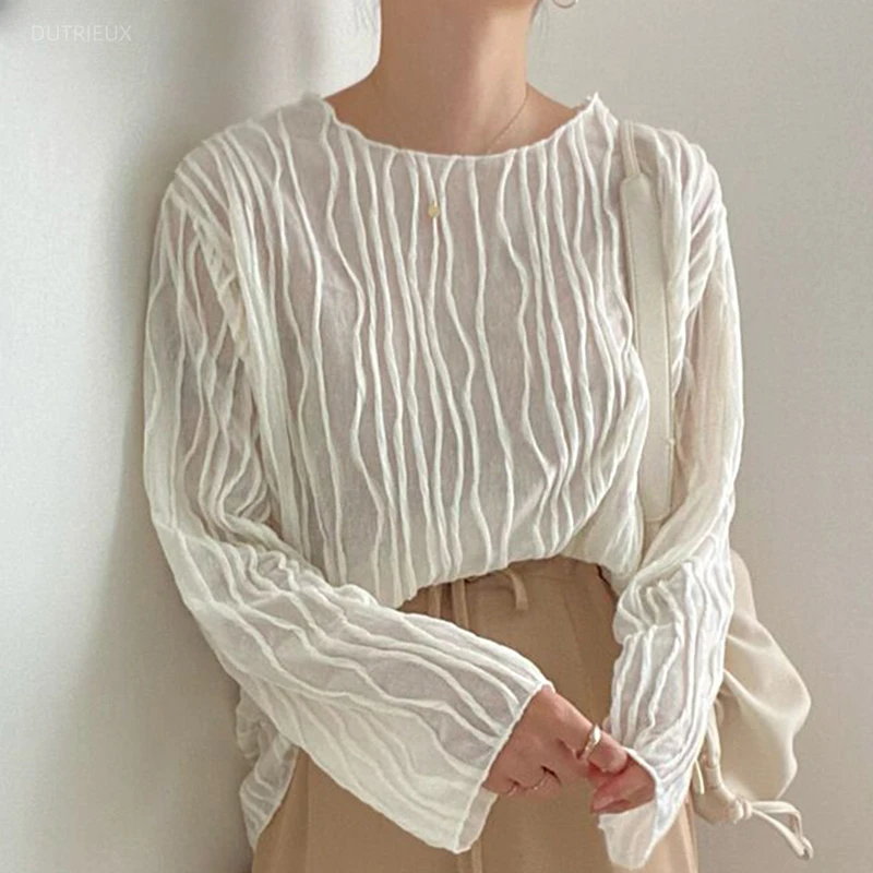 Women-Tops-Autumn-O-neck-Folds-Design-Translucent-Blouse-Korean-Chic ...