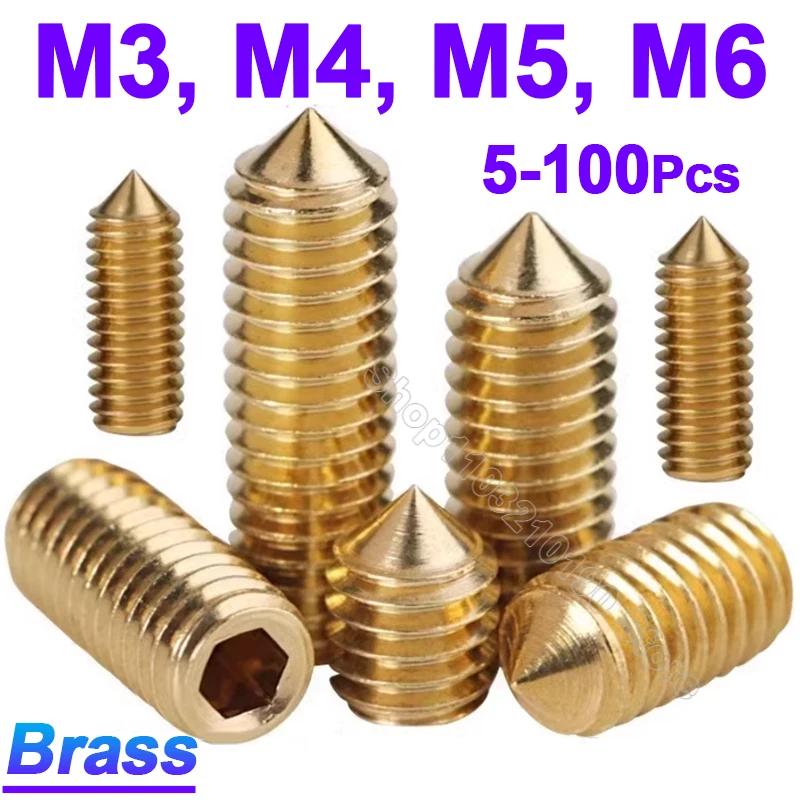5-100Pcs-Brass-Hex-Hexagon-Socket-Set-Screw-Cone-Point-Grub-Screw-M3-M4 ...