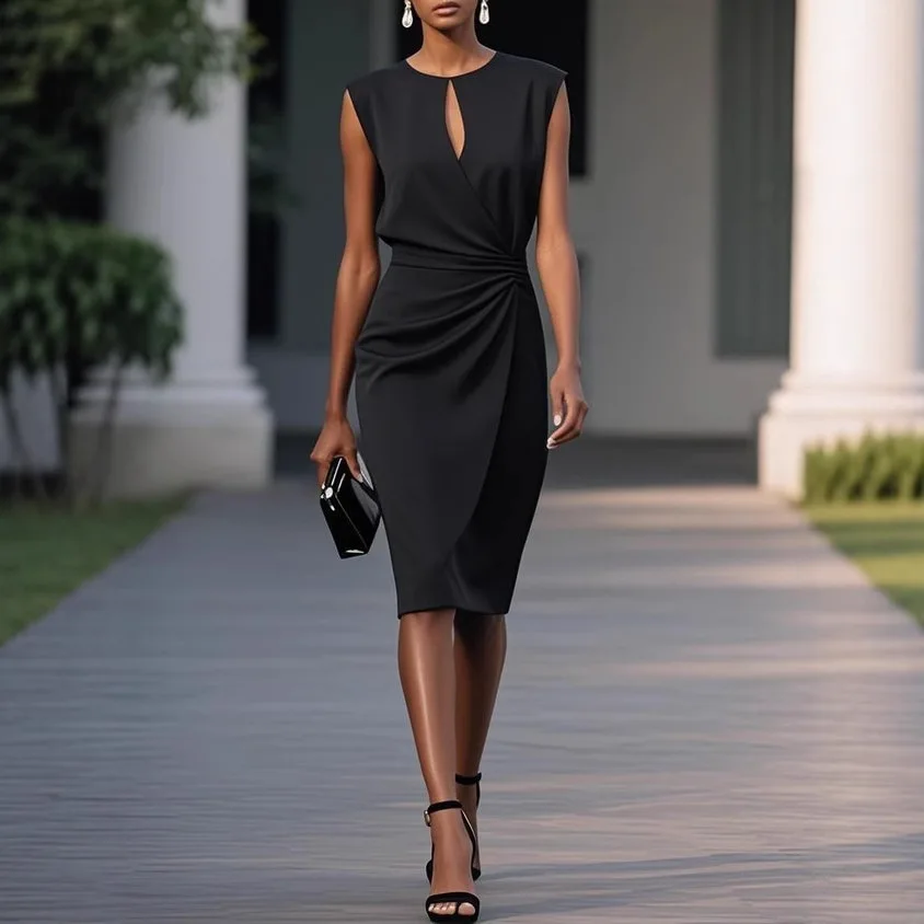 Robe mi-longue élégante pour femmes, rétro, col rond, taille haute ...