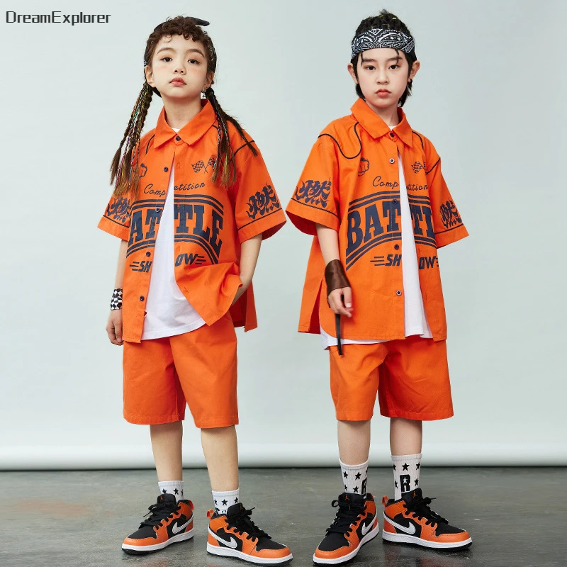 Boy-Hip-Hop-Short-Sleeved-Orange-Shirt-Street-Dance-Shorts-Clothes-Sets ...