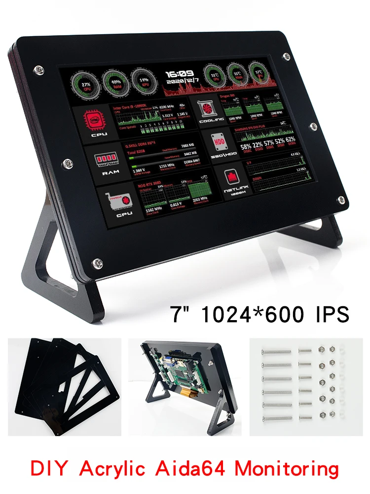 7 Inch 1024x600 IPS LCD Monitor Display With RGB Breathing Light AIDA64 LCD USB Display Sub ...