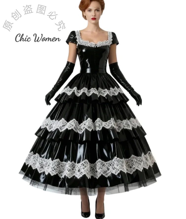 Traje victoriano vestido de noche negro 2026 vestido de fiesta de Pvc ...