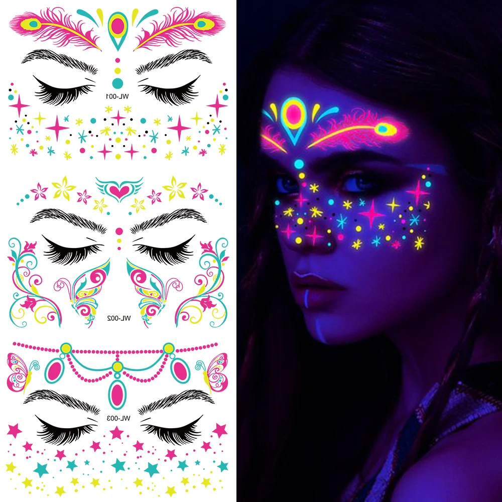 1Pcs-Halloween-Fluorescent-Face-Stickers-12-Styles-Feather-Flowers ...