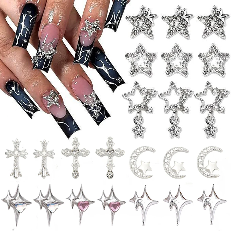 65Pcs Cross Nail Charms Silver 3D Star Charms and Gems Astral Moon Nail ...