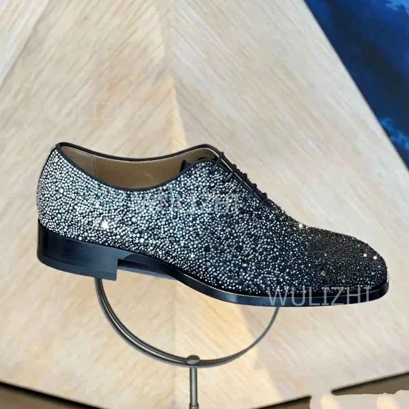Black Silver Crystal Stitching Gradient Elastic Lace-Up Loafers Men ...