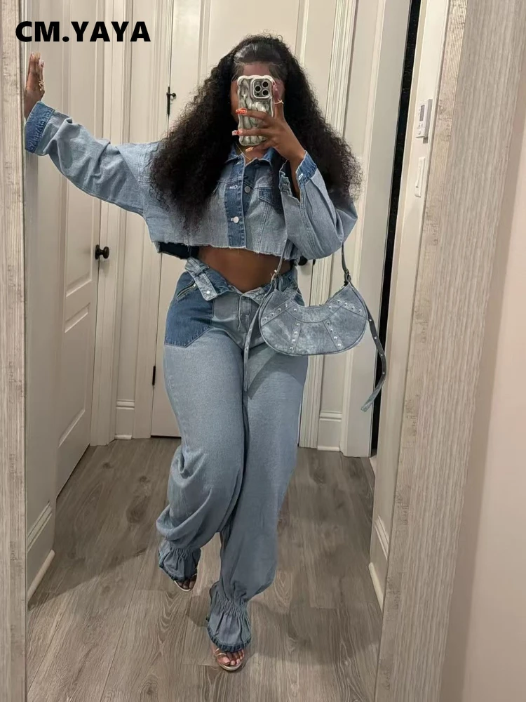 CM.YAYA Fashion Women's Set Long Sleeve Denim Coat +Pocket Patchwork ...