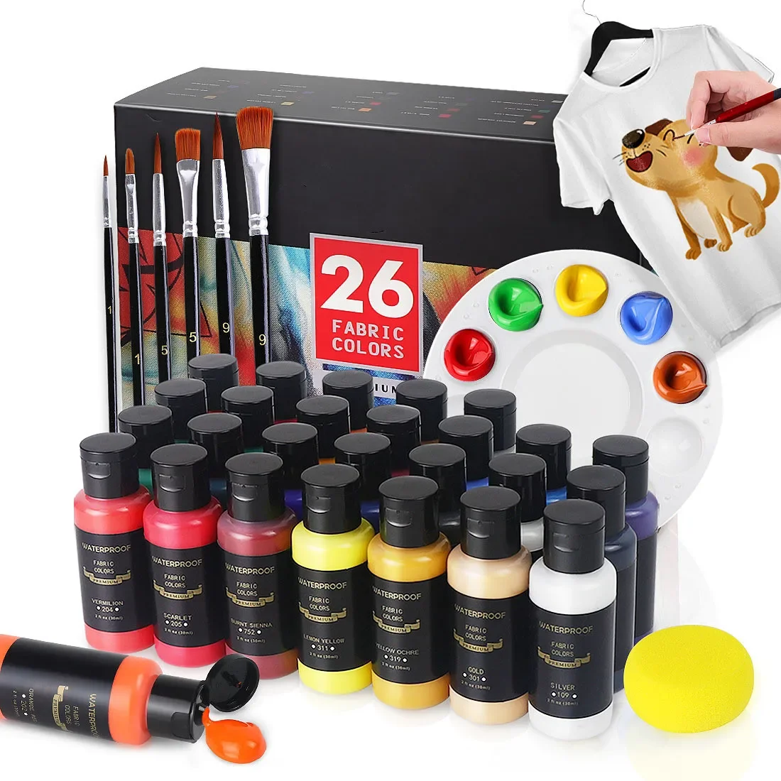 14-26-Colors-Fabric-Paint-Set-for-Clothes-with-6-Brushes-1-Palette ...
