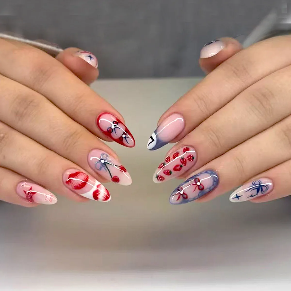 24pcs Red French Fake Nails Women Lip Bow Printed Almond Press on Nail ...
