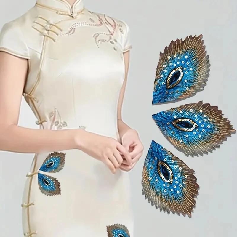 10Pcs-Blue-Green-Peacock-Feathers-Phoenix-Sequines-Mesh-Embroidered-Sew ...