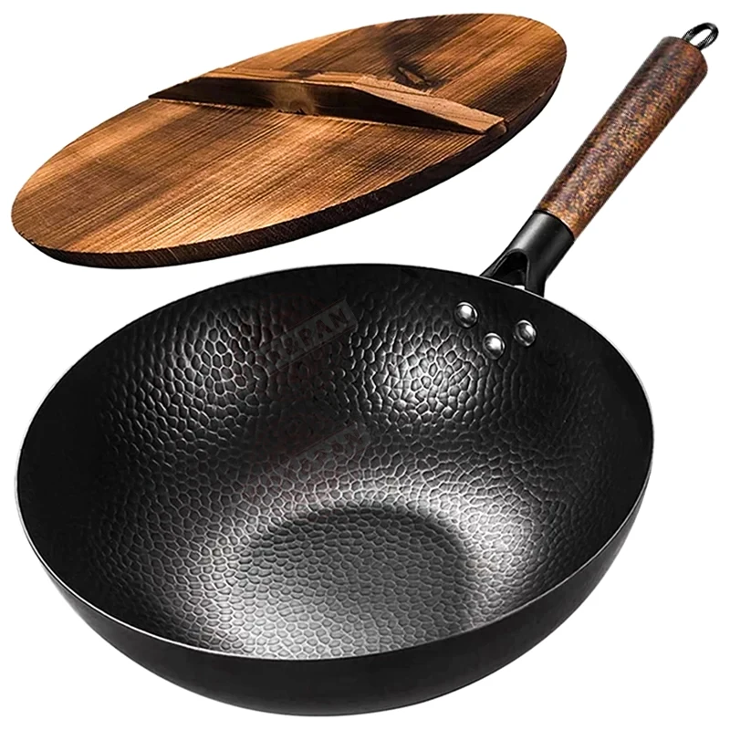 Carbon Steel Wok Pan 32cm Stir-Fry Pans with Wooden Lid Uncoated Flat ...