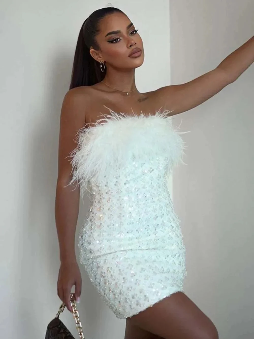 Sexy-Strapless-Feather-Sequins-Beading-White-Mini-Women-Celebrity-Dress ...