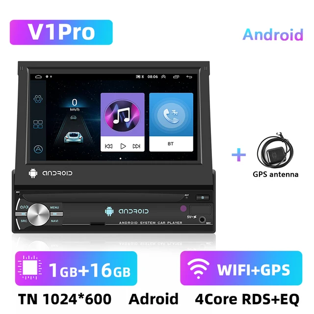 Podofo 1Din Car Radio Android CarPlay Multimedia Video Player 7" Retractable Screen Universal ...