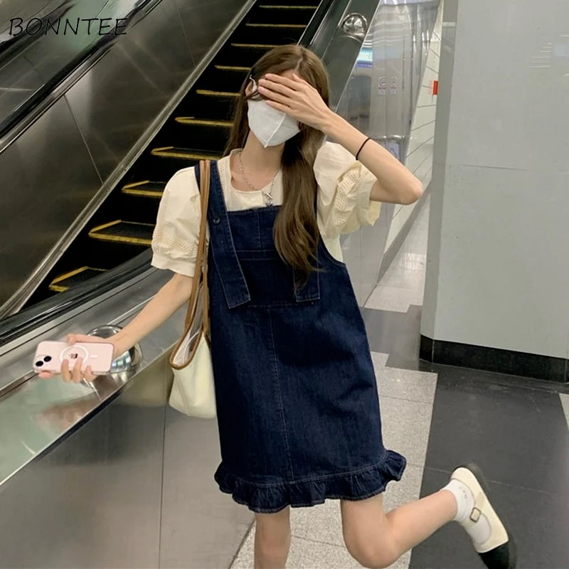 민소매 드레스 여성 데님 디자인 패션 여름 한국 스타일 배기 대학 스트리트웨어 소녀 새로운 도착 솔리드 캐주얼 시크