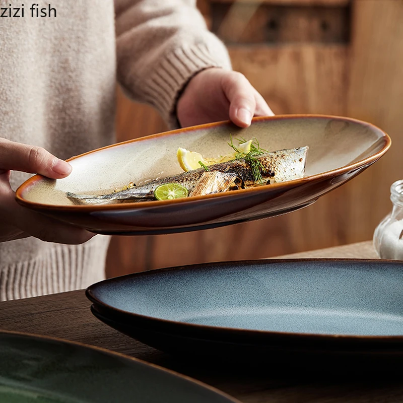 Simple-Oval-Ceramic-Dinner-Plate-Pasta-Steak-Sushi-Plate-Serving-Tray ...