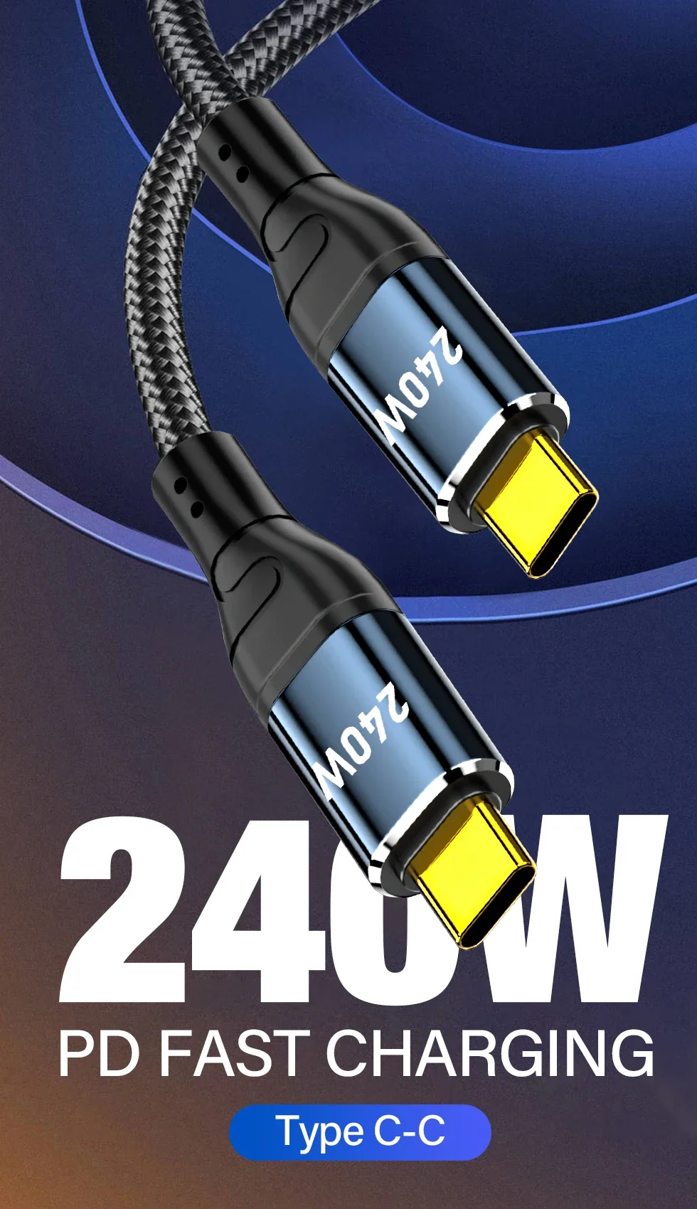 Câble USB Type-C - Multi-plateforme - 2m - Charge rapide PD240W - Connecteur droit - Noir ...