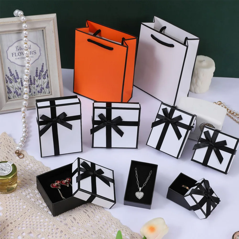 5pcs White Orange Bow Boxes Necklace Earring Ring Jewelry Packaging Lid ...