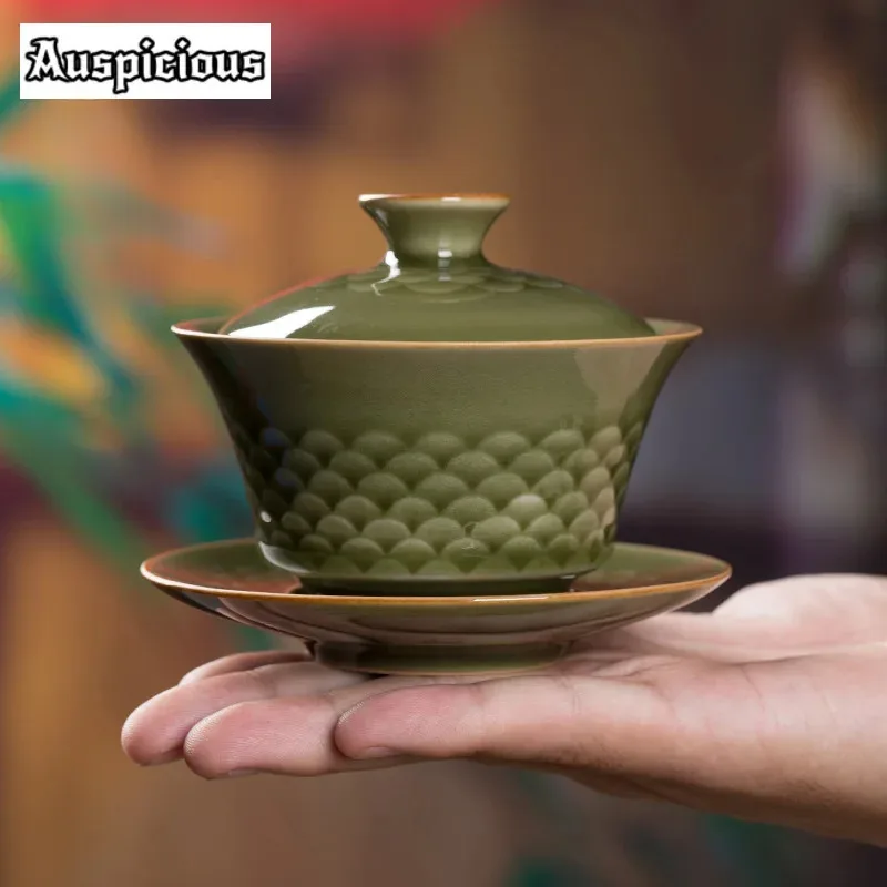 100ml Handmad Longquan Celadon Hand Grasping Gaiwan Fish Scale Three ...