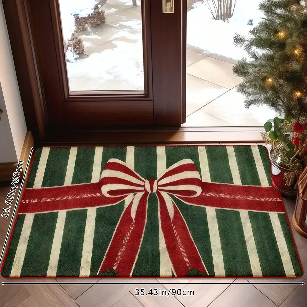 Vintage Red Green Stripe Christmas Doormat, Festive Bow Welcome Entry ...