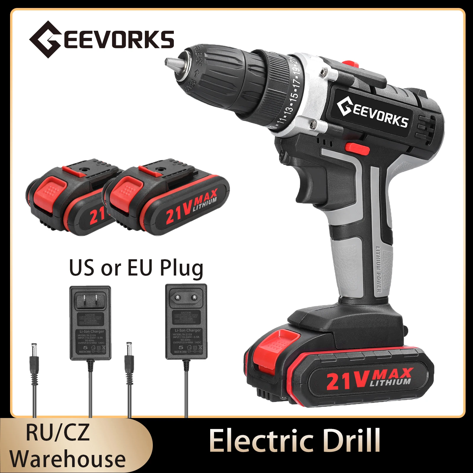 Geevorks Perceuse à percussion électrique sans fil 21V, batterie au ...
