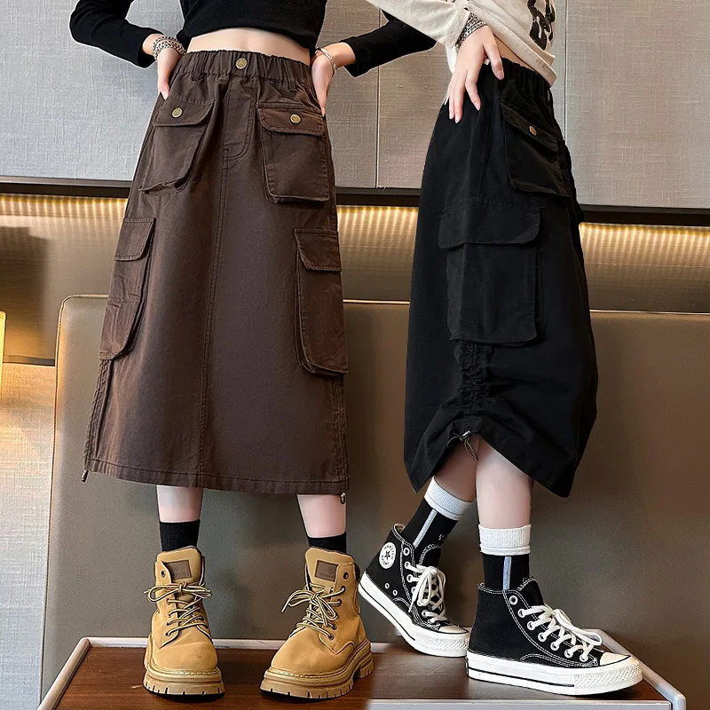 New-Cotton-Girls-Cargo-Long-Skirts-Fashoin-Kids-Elastic-Waist ...