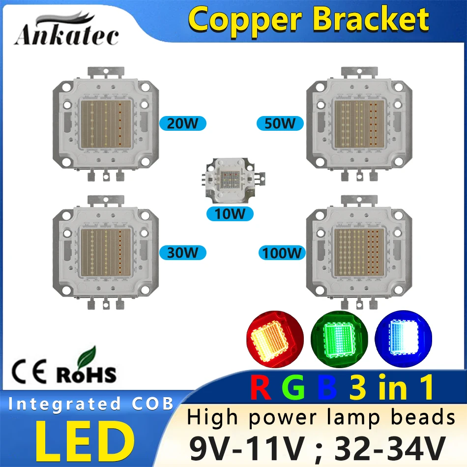 New-RGB-LED-Chip-10W-20W-30W-50W-100W-Copper-Bracket-High-Power-COB-Red ...