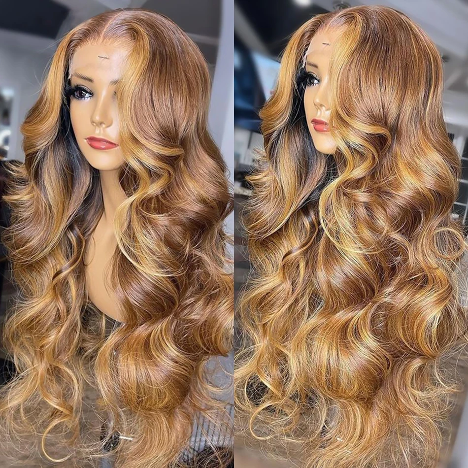 Ombre Body Wave Highlight Wig Brazilian Human Hair Lace Front Wigs for Women 30inch 13x4 Honey ...